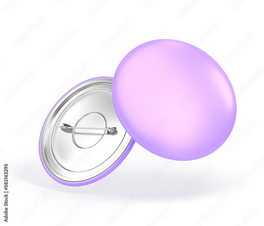 Blank purple badge, pin button front and rear view 3d render. Realistic ...