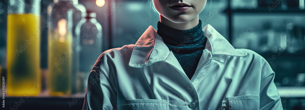 Close-up at a woman body in protective ground uniform is standing on ...