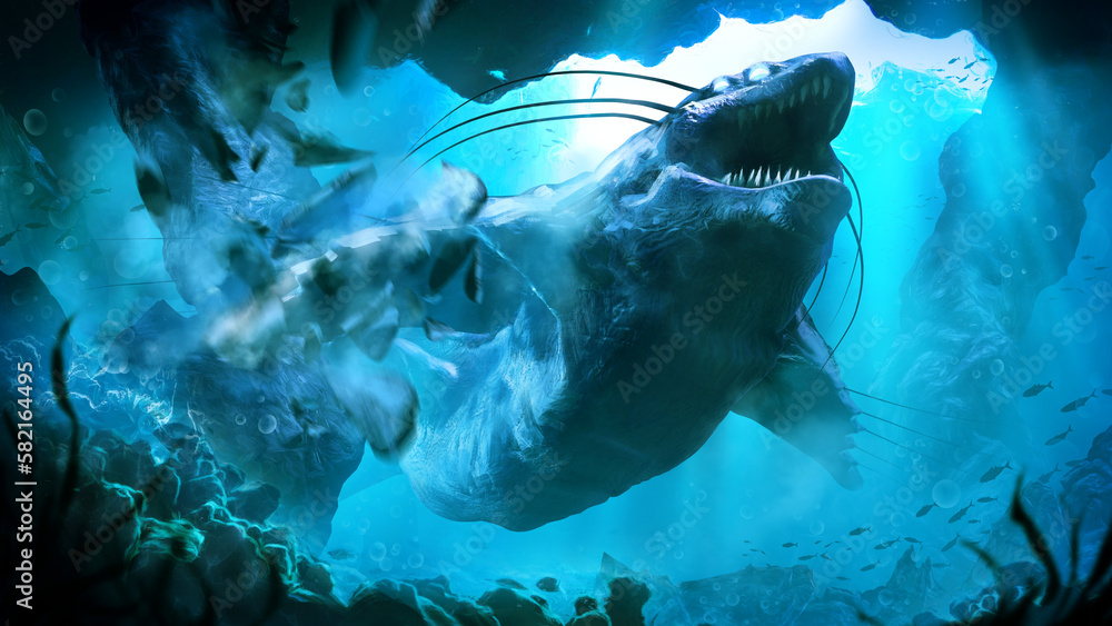 A big fantasy whale with a huge toothy mouth floats on the seabed ...