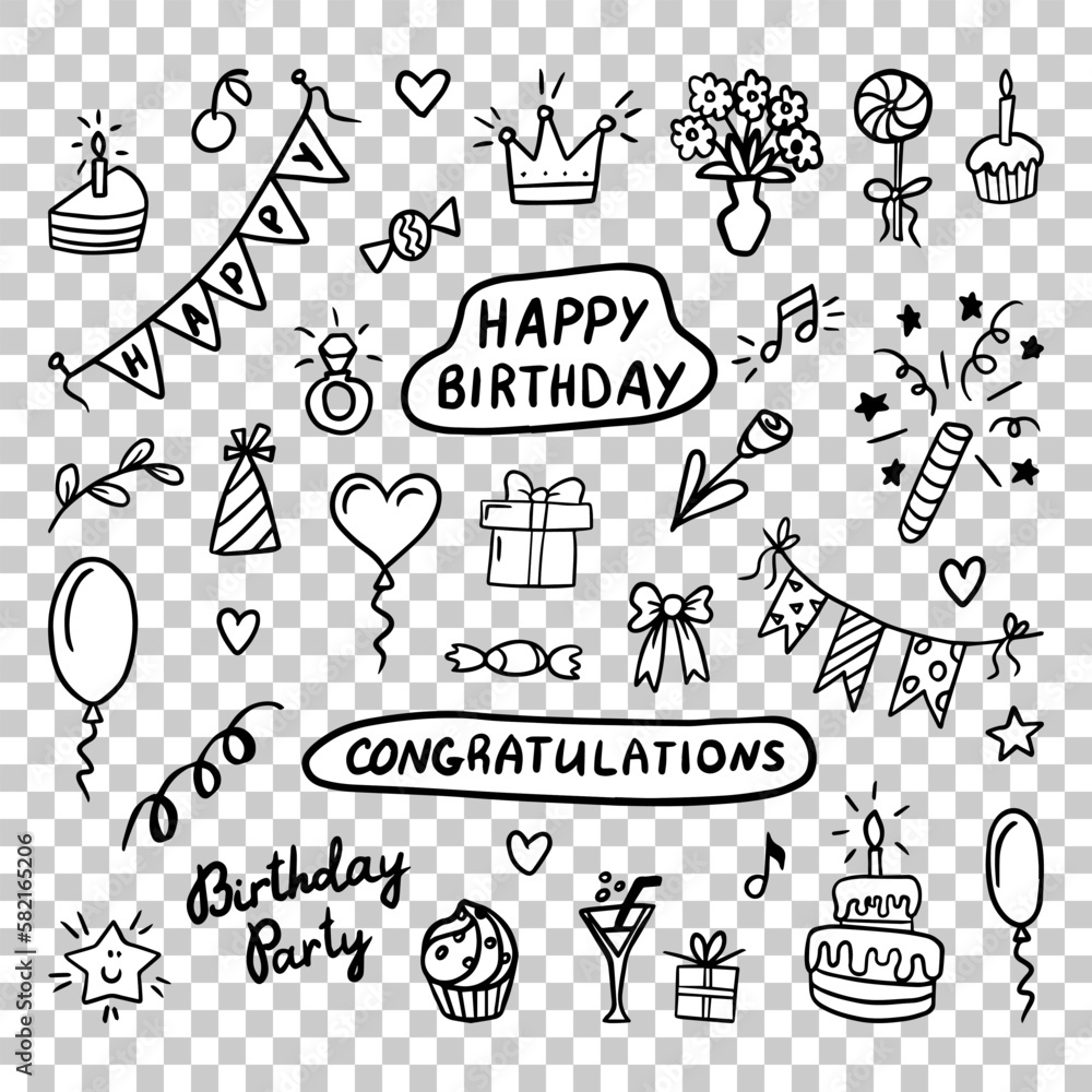 Happy birthday hand drawn set. Birthday Party and celebration design ...