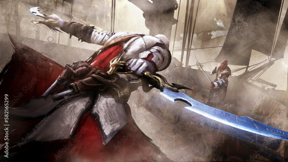 A nimble and fearless assassin warrior with two daggers in his hands ...