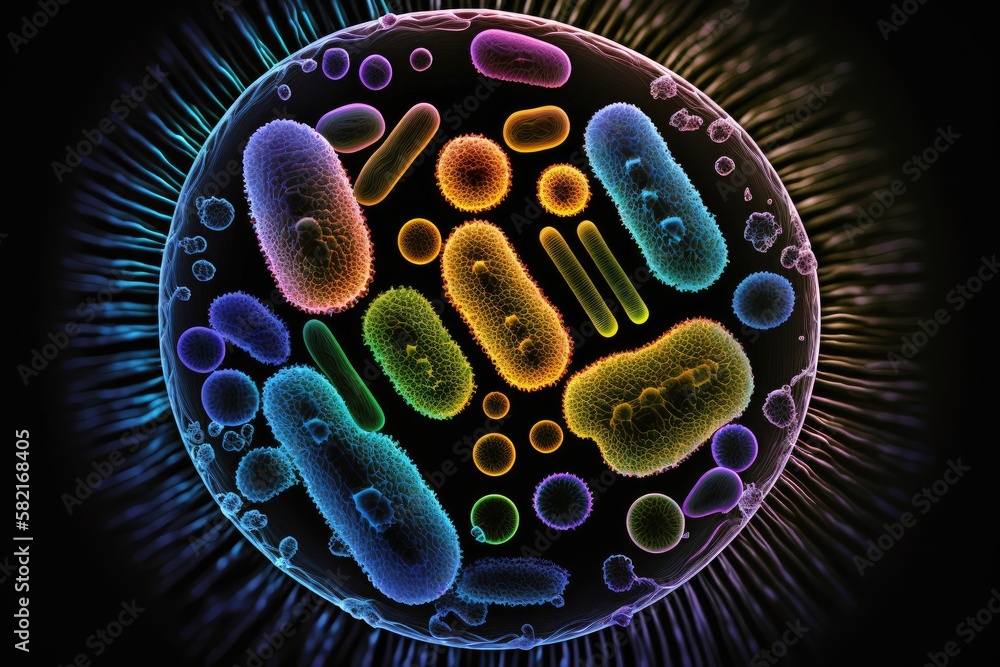 microbiological microscope image of bacteria on dark background ...