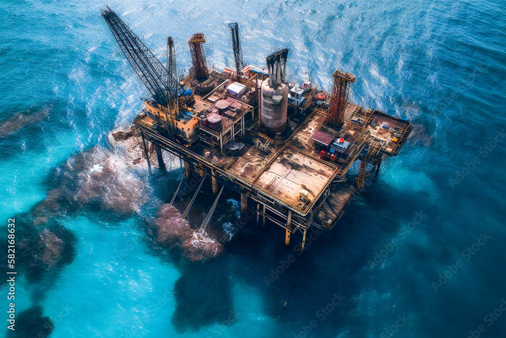 Oil rig on the sea, view from above. Offshore drilling for oil and gas ...