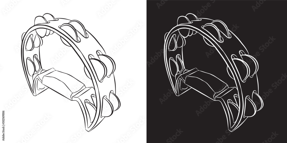 Black and white half moon tambourine. outline drawing. percussion ...