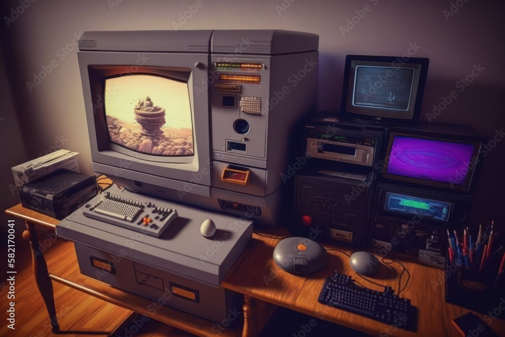 Retro gaming room 90s interior. Generative AI. Stock Illustration ...