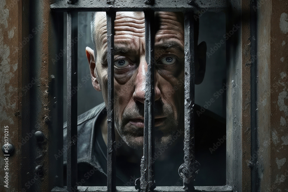 Man prisoner behind bars in prison. Generative AI Stock Illustration ...