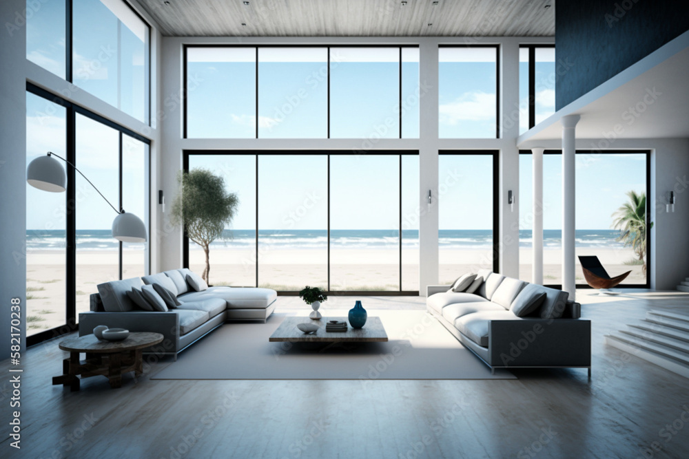 The interior of a luxury home with huge windows and ocean views. AI ...