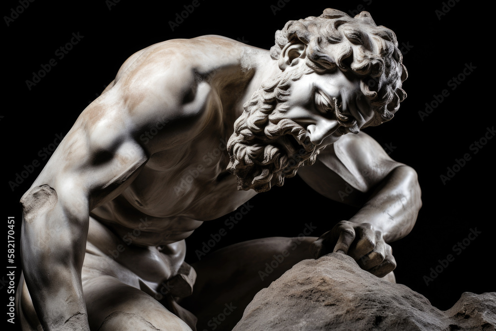 Illustration of a Renaissance marble statue of Sisyphus pushing a ...