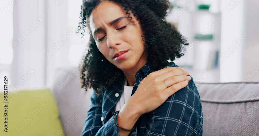 Shoulder pain, injury and health problem of woman with muscle tension ...