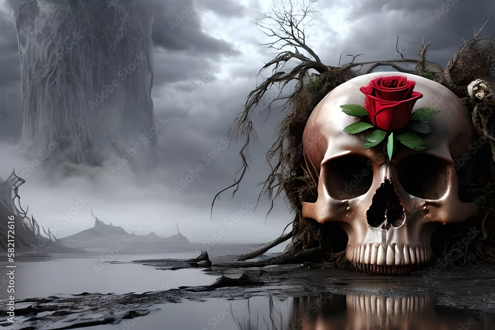 ภาพประกอบสต็อก wet, rose, old skull, with intricaded roots, surrealism ...