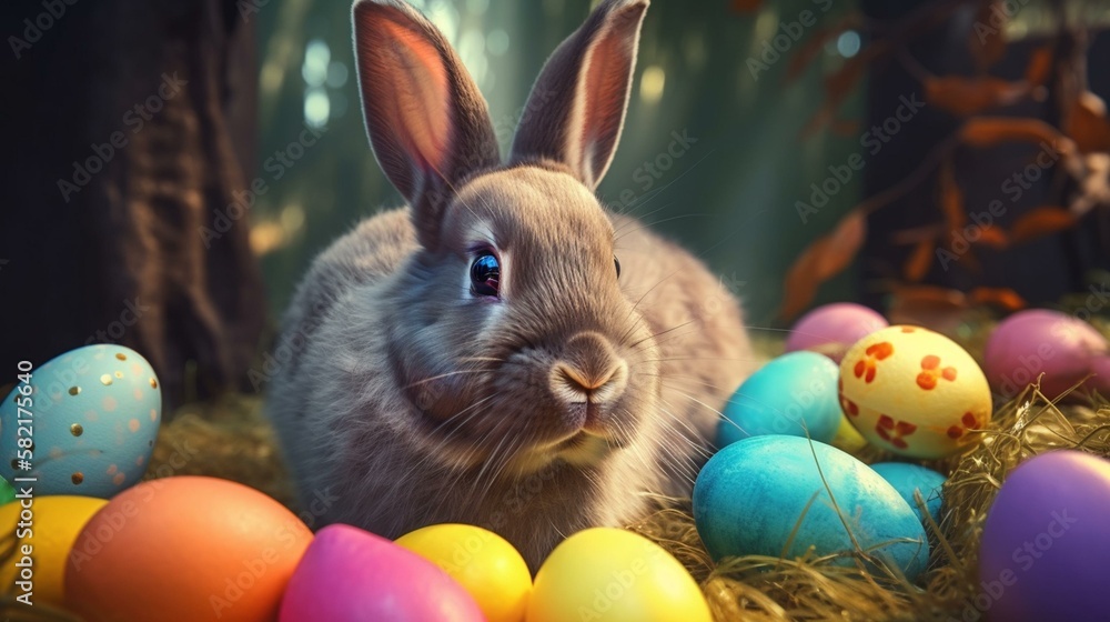 banner, Fluffy bunny with colored easter eggs, nature background ...
