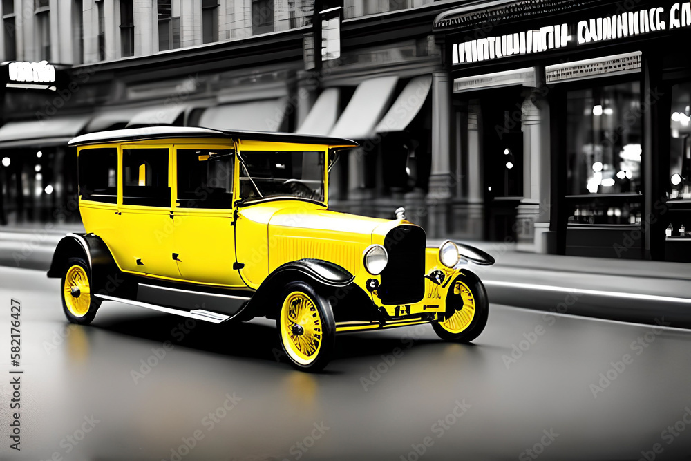AI generated image of yellow classic car on black and white background ...