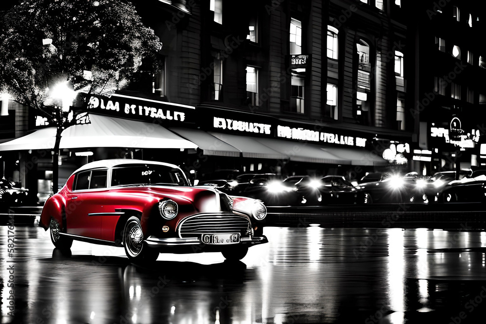 AI generated image of maroon classic car on black and white background ...