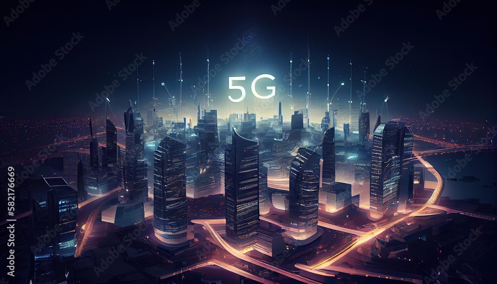 Illustration of futuristic city at night, 5G internet network wireless ...