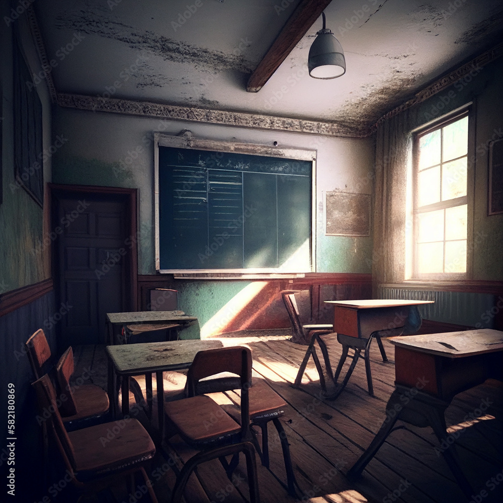 Old and abandoned school classroom interior. Dirty grunge room with ...