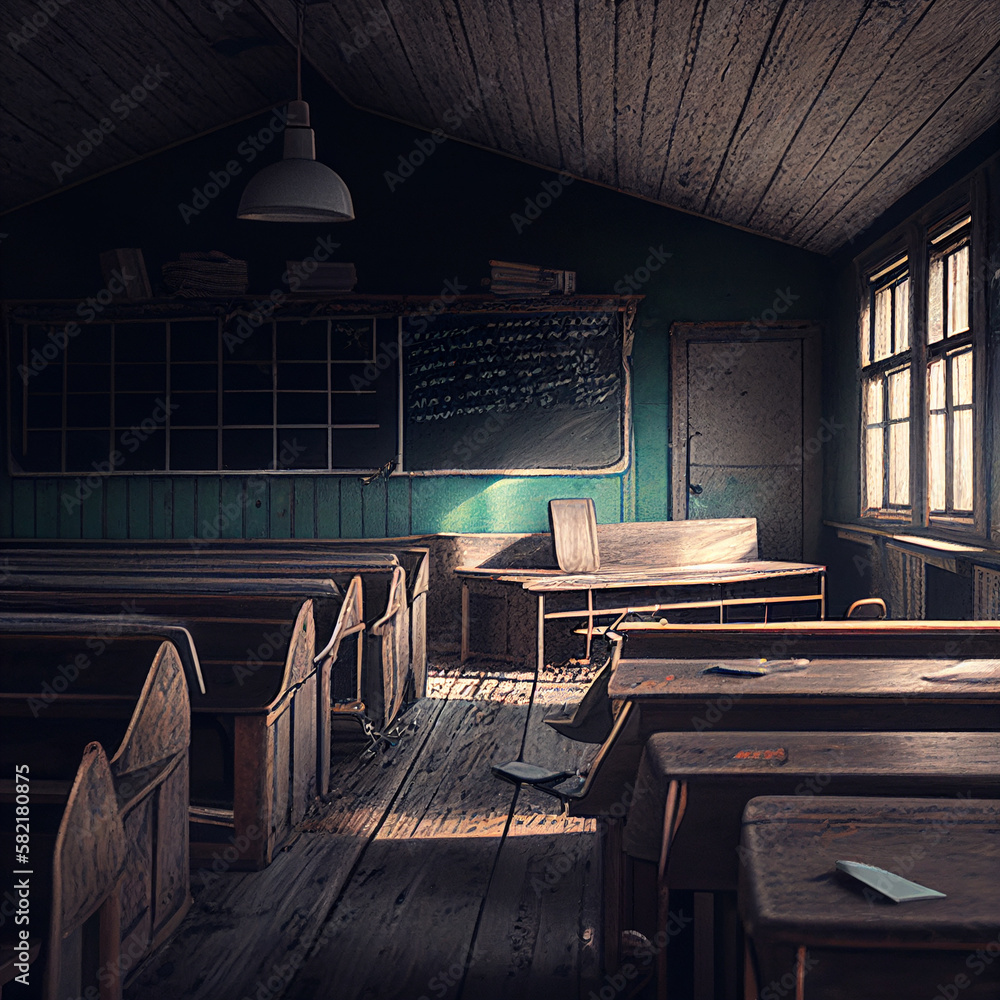 Old and abandoned school classroom interior. Dirty grunge room with ...