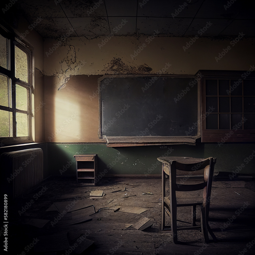 Old and abandoned school classroom interior. Dirty grunge room with ...