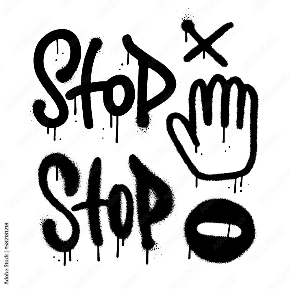 Spray Painted Graffiti set with different Stop signs - Hand icon, cross ...