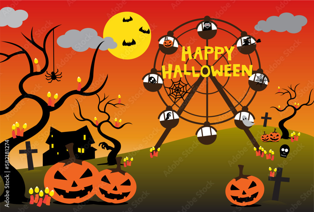 Happy Halloween fun park vector. Dracula, witch, ghost, pumpkin, skull ...