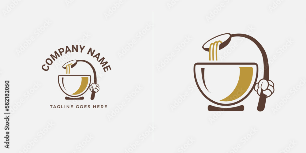 Hot Noodle Soup In A Bowl. Vector Logo. Cartoon character keep in hands ...