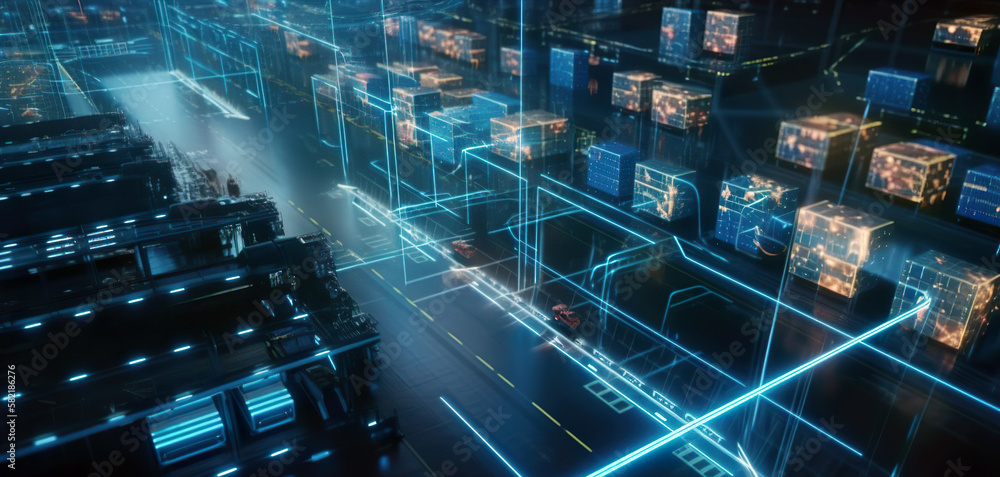 Container storage at the port using modern technology at night. Cargo ...