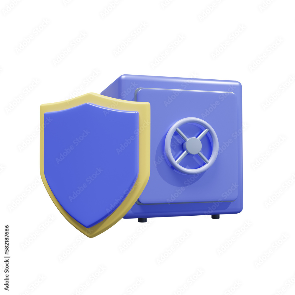 3D safe box with shield. Money protection render. Isolated on ...