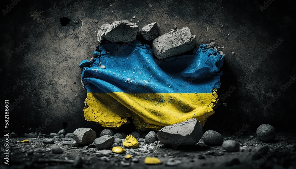 Generative AI, Ruined Ukraine banner, Ukrainian flag on broken concrete ... Generative AI, Ruined Ukraine banner, Ukrainian flag on broken concrete ...