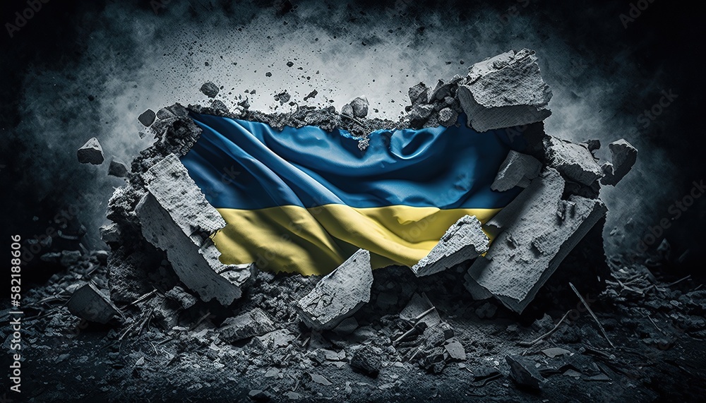 Generative AI, Ruined Ukraine banner, Ukrainian flag on broken concrete ...