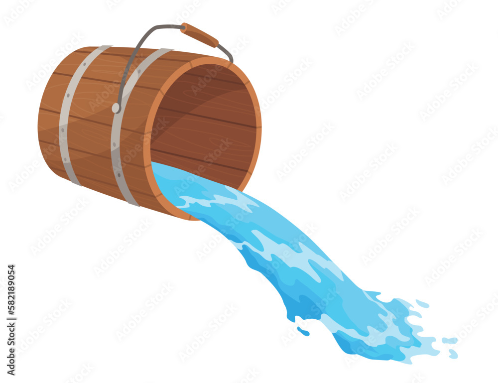 Wooden bucket with water and handle. Container with flowing water for ...