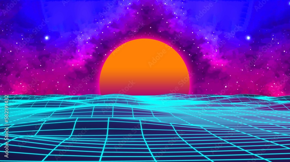 Retro wave, synthwave digital city landscape. Sunset view from over the ...
