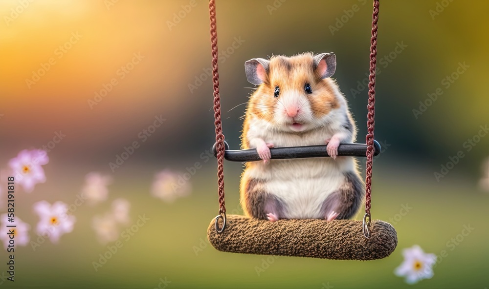a hamster is sitting on a swing with a smile on its face and a flower ...