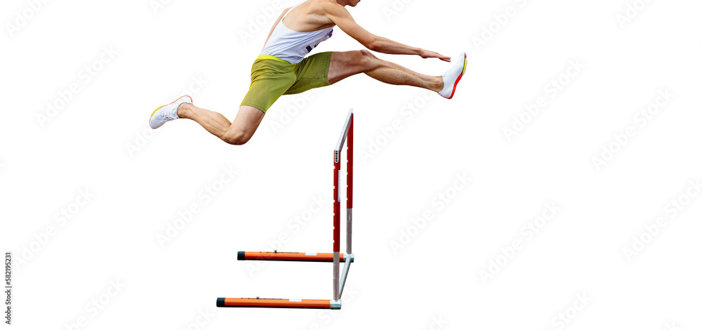 male athlete running 400 meters hurdles in athletics competition on ...