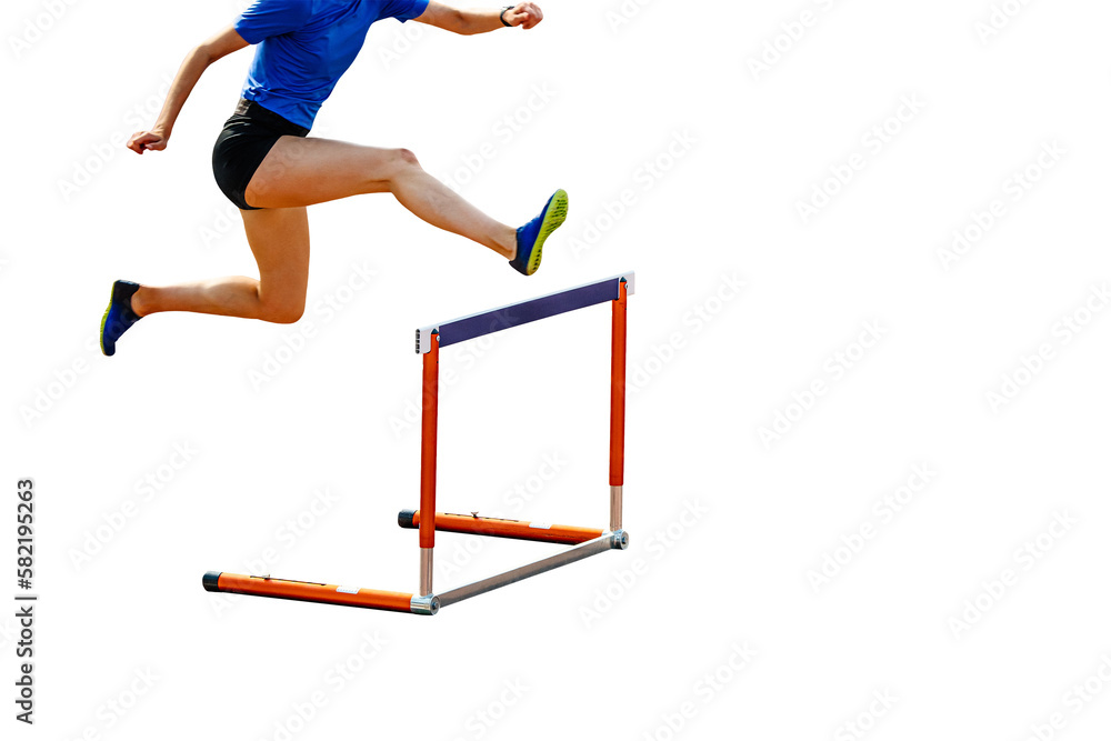 male athlete running 400 meters hurdles in athletics competition on ...