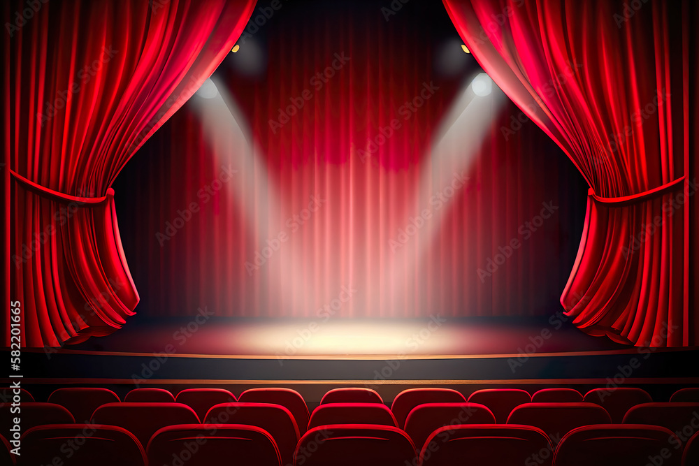 Stage red curtains light by searchlight. Realistic theater red dramatic ...