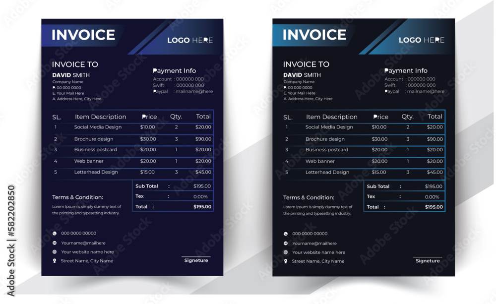 Business invoice form template. Invoicing quotes, money bills or price ...