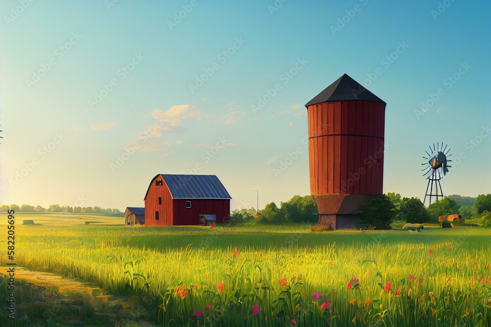 Summer countryside with farm barn, windmill, water tower Colorful ...