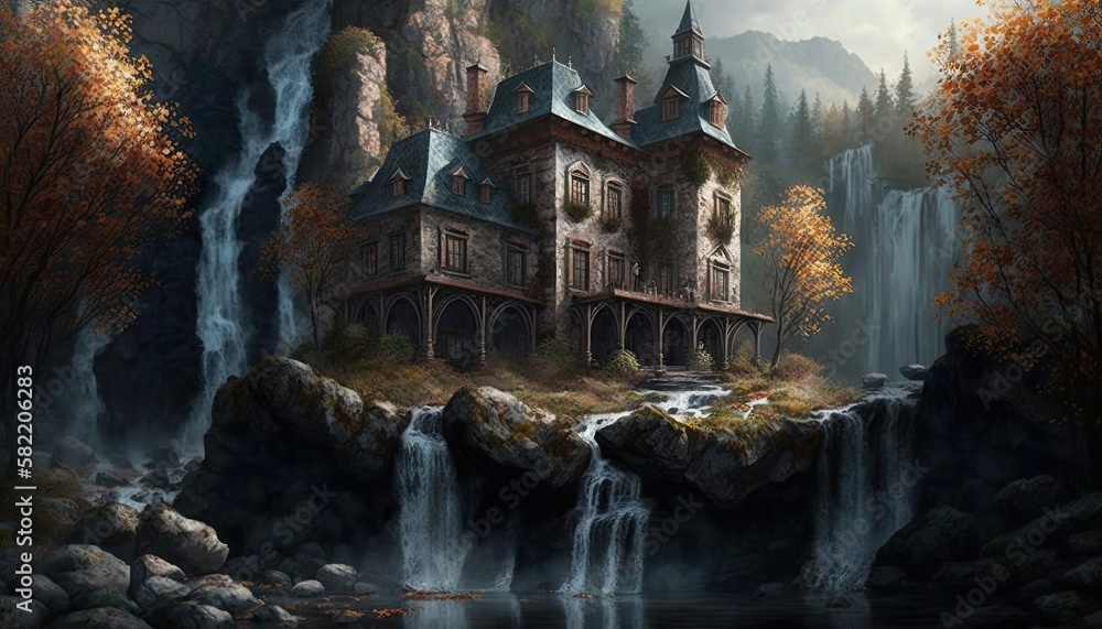 Fantasy Castle Nestled Among Nature: A Majestic Landscape of Waterfalls ...
