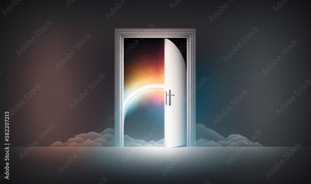 an open door leading to a bright light in a dark room with clouds and a ...