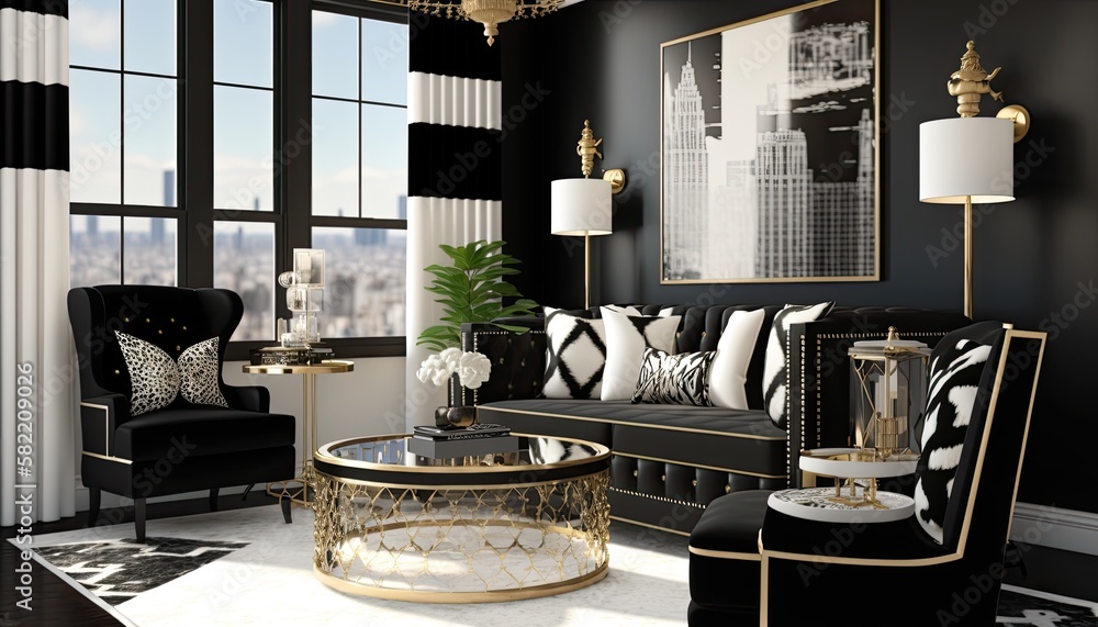 A Hollywood glam living room with luxurious finishes and bold ...
