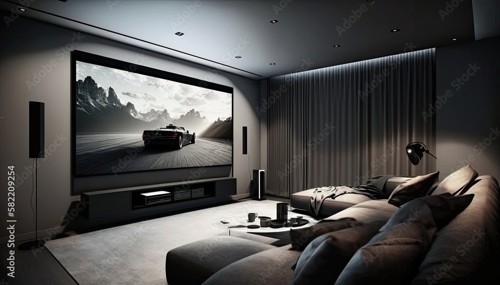 A sleek home theater setup with a projector screen. generative ai Stock ...