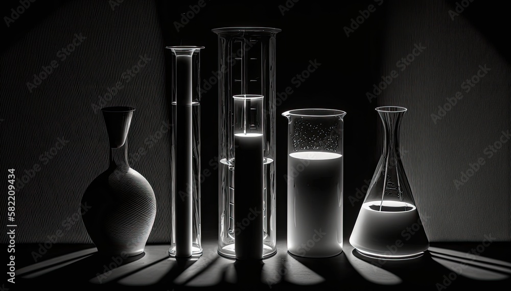 Scientist's test tubes and beakers on a black background. Mood ...