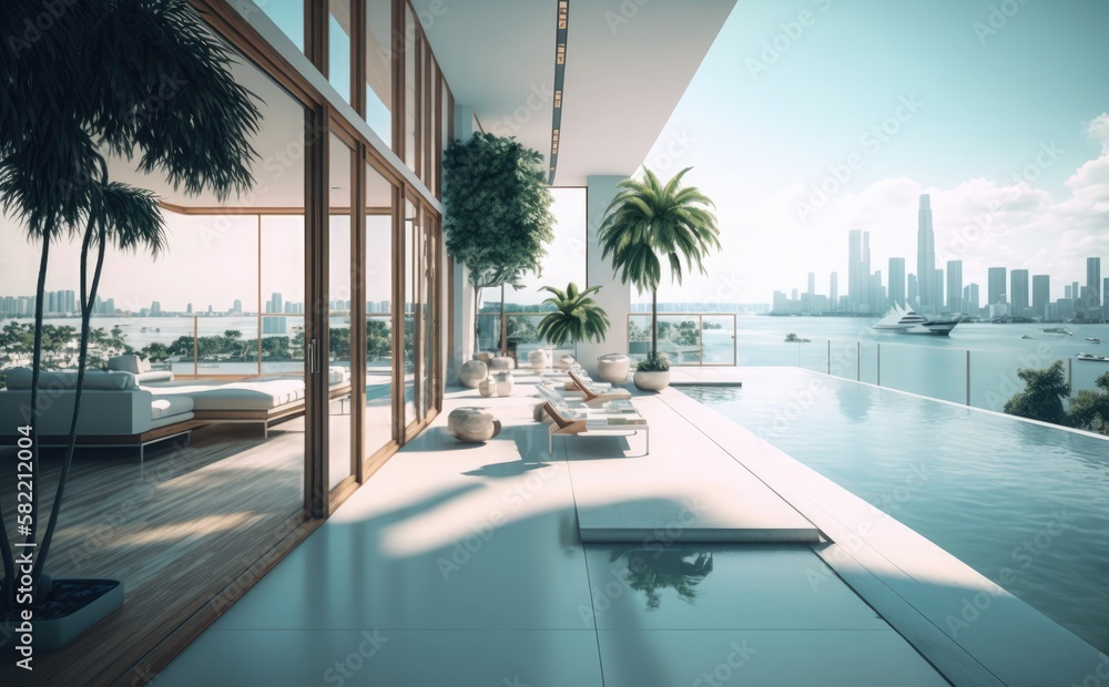 Impressive luxury penthouse terrace with a swimming pool overlooking Miami, generative AI. Stock ...