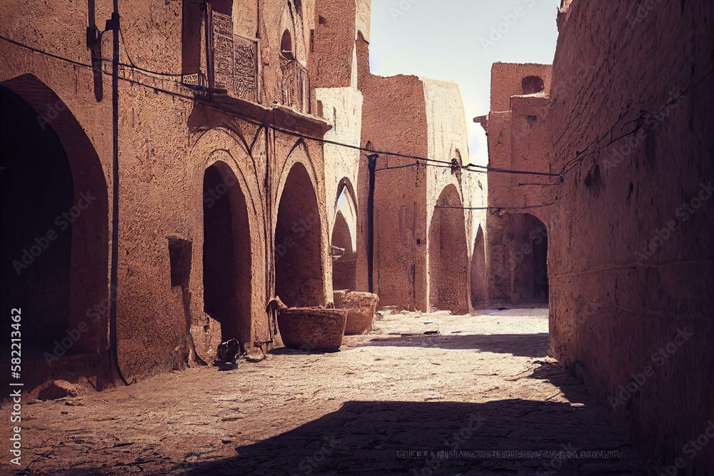 Streets and alleyways of a dusty 14th century Persian town. Ancient ...