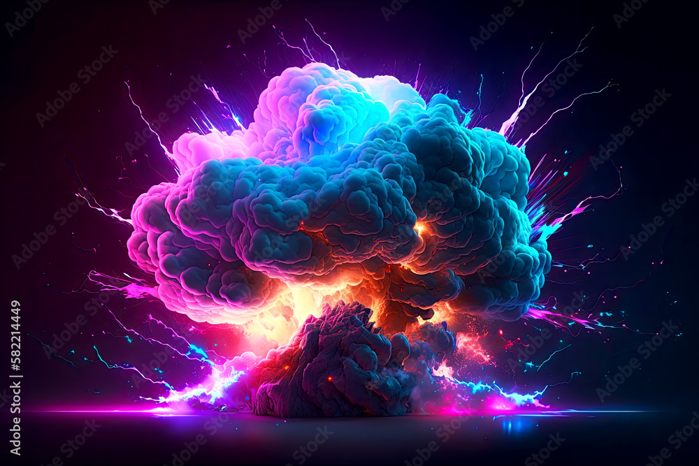 Bright explosion with smoke and lightning in neon lights, Generative AI ...