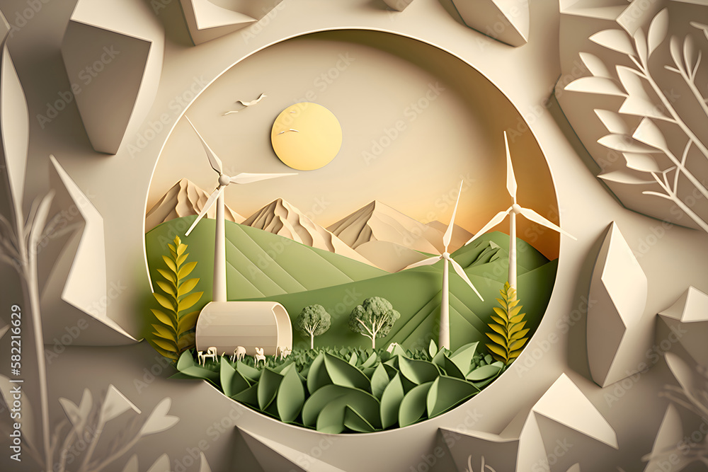 Paper art , renewable energy with green energy as wind turbines ...