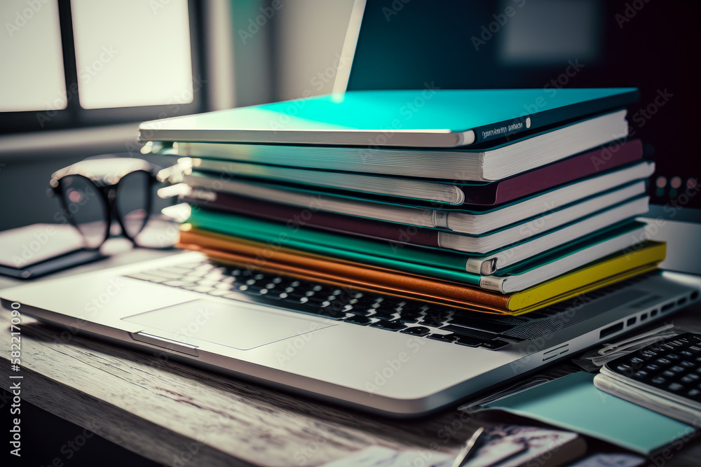 Stack of books sitting on top of laptop computer next to pair of ...