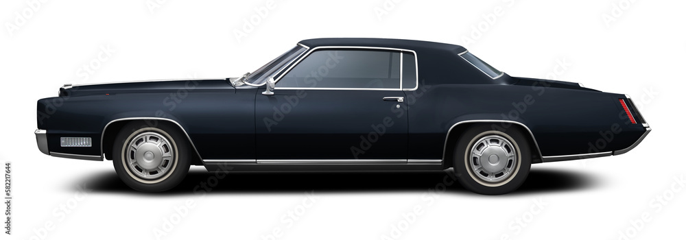 Vintage car side view isolated on white background. The coupe is all ...