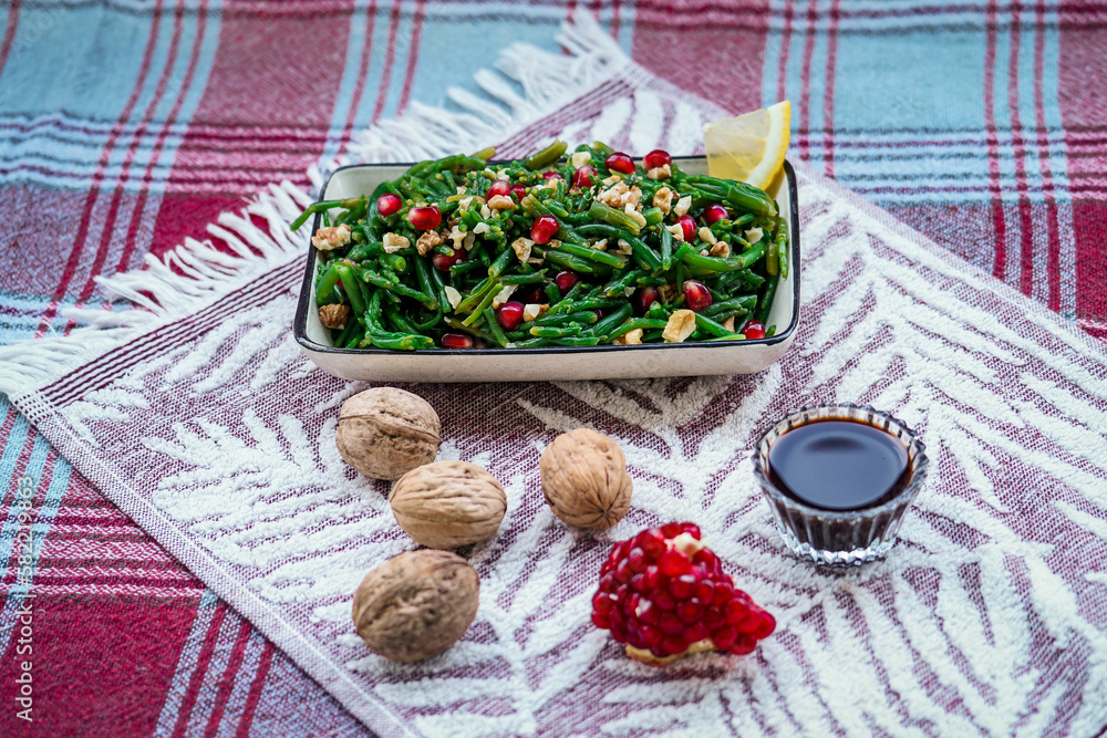 Samphire salad with walnut, pomegranate, lemon, and pomegranate syrup ...