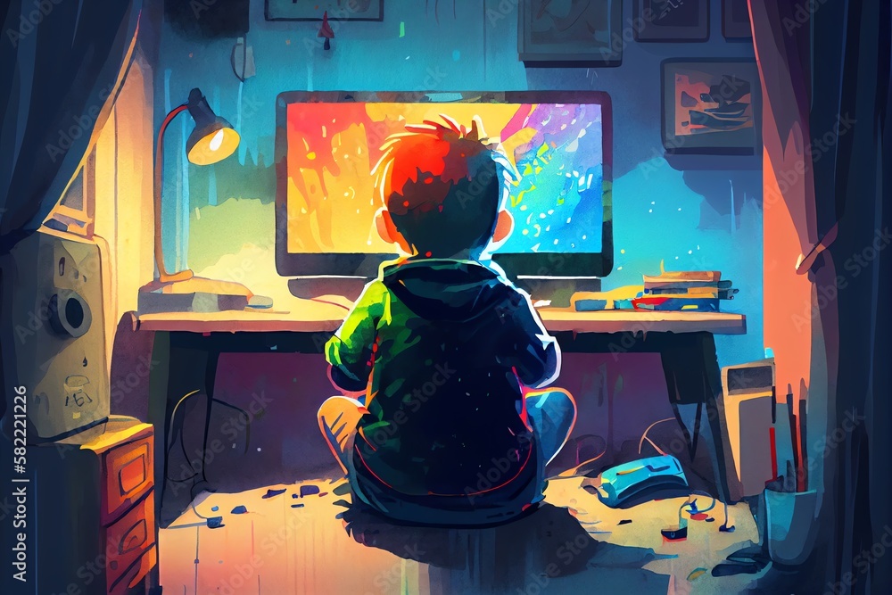Watercolor Illustration of a Kid Playing Video Games In His Room. Back ...