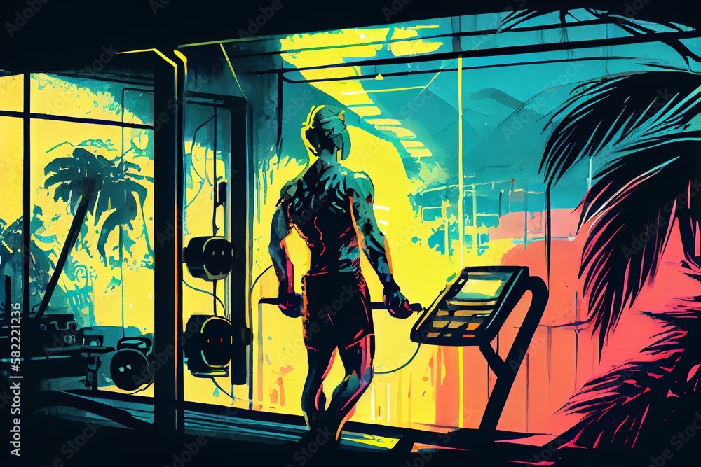 Watercolor Illustration of a Modern Gym, Neon Illuminated, Futuristic ...